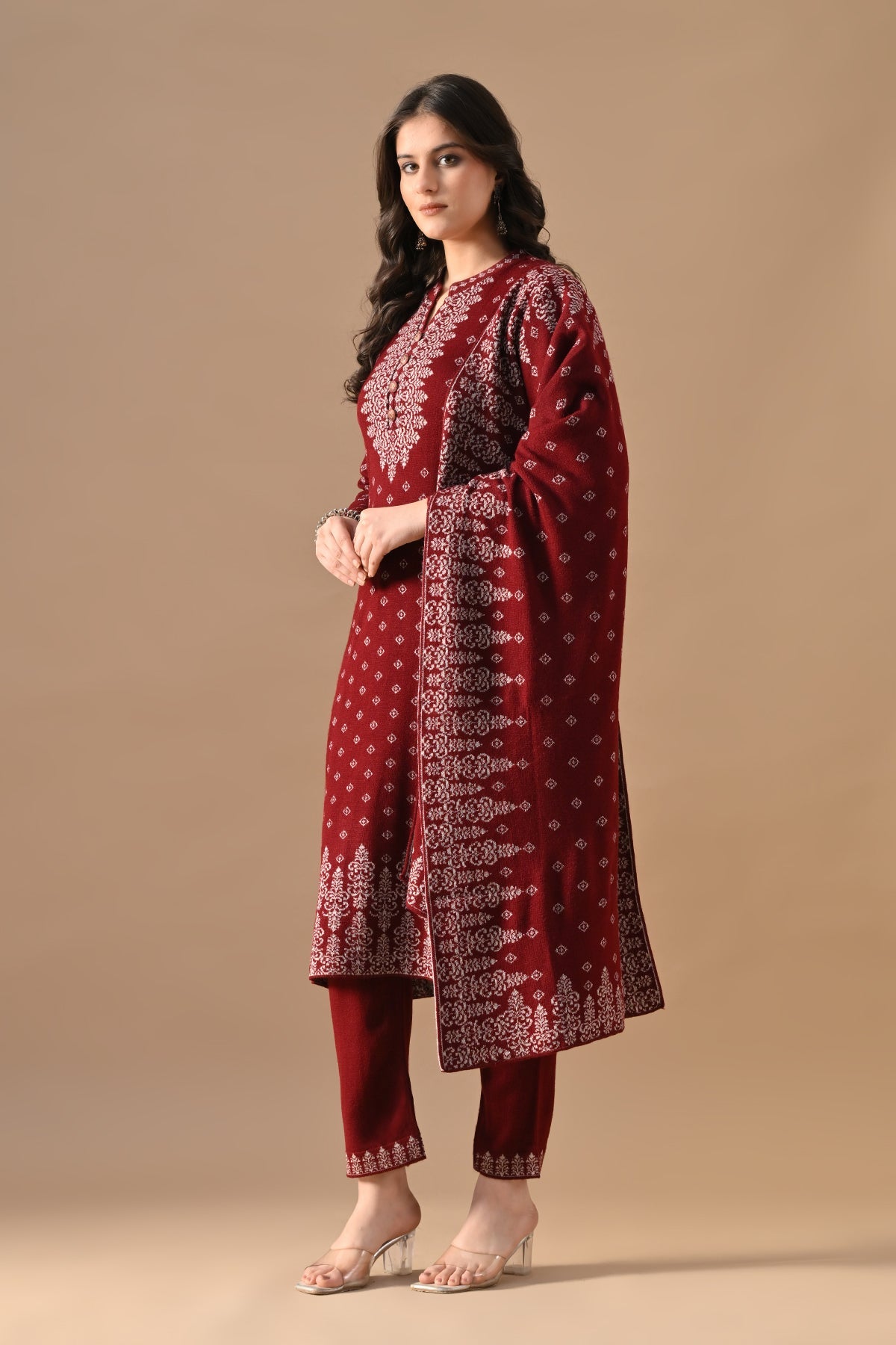 Winter Maroon Printed Ethnic Motifs Woven Kurta Set (3 Piece ...